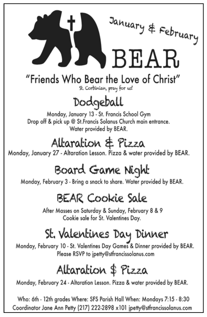 January & February Activities & Events for BEAR - St. Francis Solanus ...